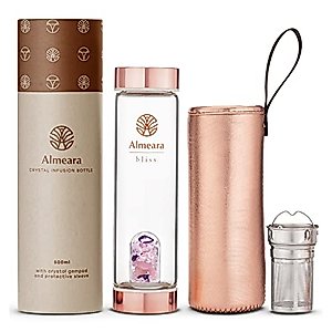 Almeara Crystal Water Bottle with Authentic Amethyst, Rose Quartz & Clear Quartz Removable Gemstones, Loose Leaf Tea Infuser - Relaxation, Healing & Spiritual Gifts for Women - Witchcraft Supplies