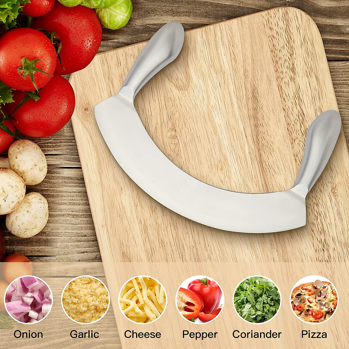 8.7 Inch Mezzaluna Knife With Wood Cutting Board - Stainless Steel Salad Chopper Rocker Pizza Cutter Rocker Knife Curved Blade Sharp Blade Double Handle Fruit Vegetable Mincing Knife