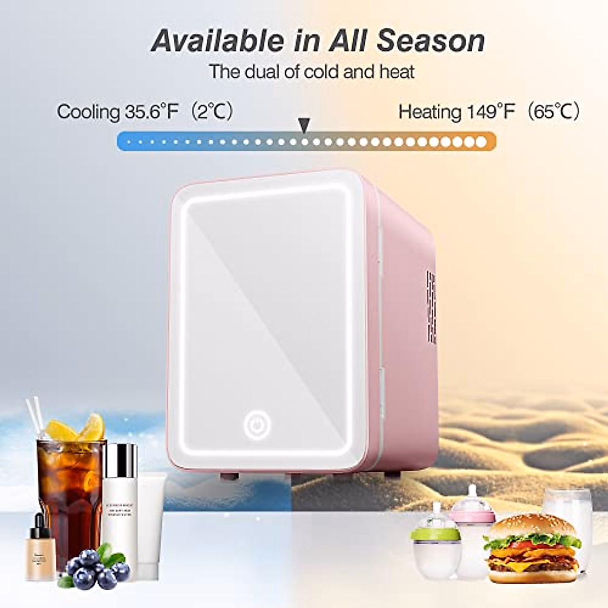 Easy-Take Skincare Fridge - Mini Fridge with Dimmable LED Mirror (4 Liter/6 Can), Cooler and Warmer, for Refrigerating Makeup, Skincare and Food, Mini Fridge for Bedroom, Office and Car, Pink