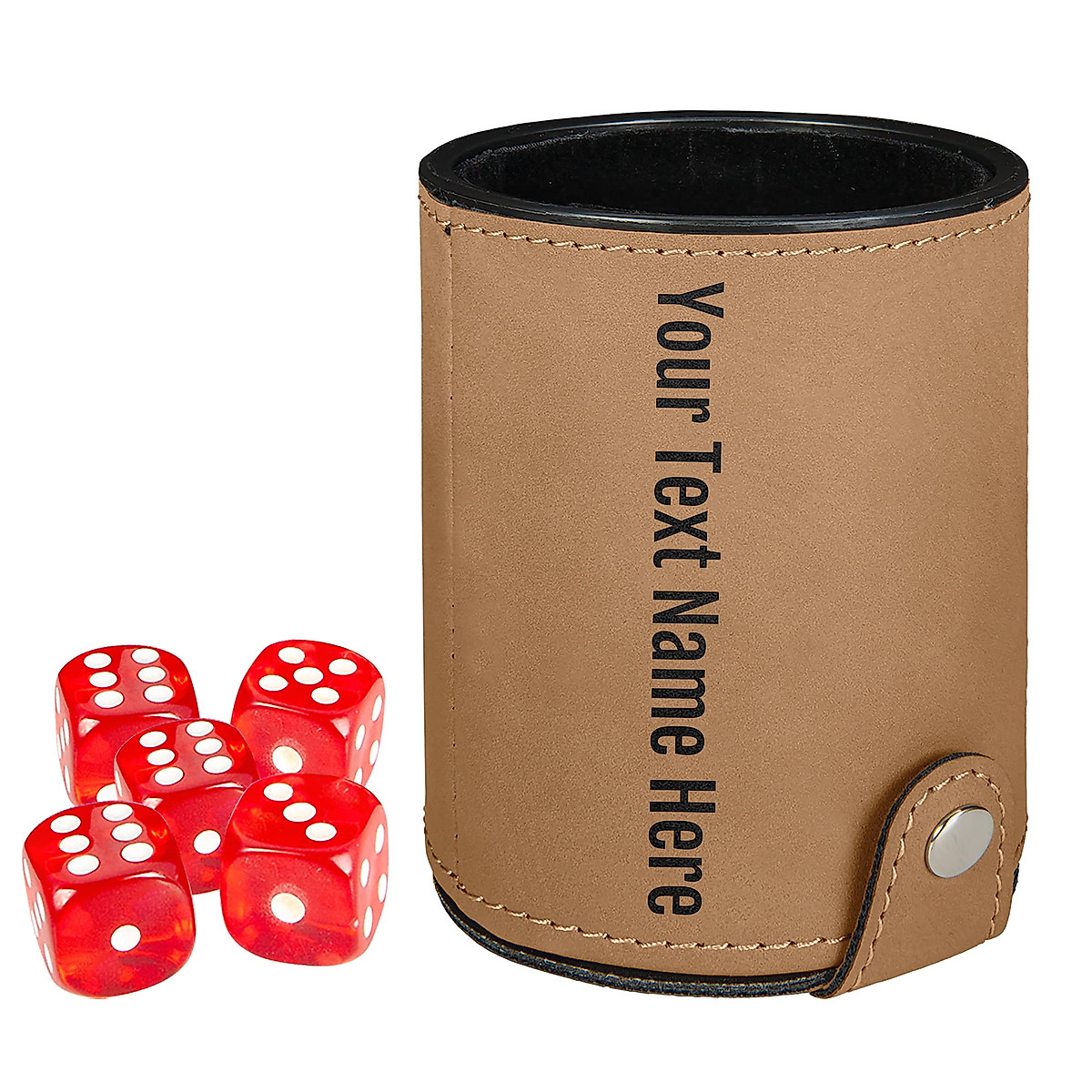 Leatherette Personalized Set of Dice Cup with Storage Compartment Customized PU Leather Dice Cup with 5 Red Dice Custom Gift (Light Brown)