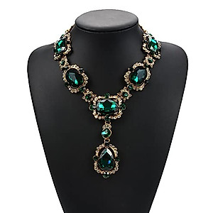 Secret for Longevity Extra Large Victorian Art Deco Antique Retro Vintage Style Gold Tone Dark Green Hunter Emerald Rhinestone Chunky Statement Wedding Bridal Prom Drag Queen Pageant Necklace
