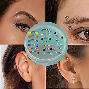 Suotarn 47pcs 16G Stainless Steel Eyebrow Piercing Rings Clear CZ Curved Barbell Helix Daith Rook Earrings Piercing Body Jewelry for Women Men