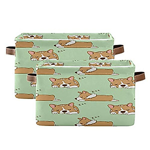 Animal Dog Corgi Cute Storage Bins Canvas Fabric Storage Basket Collapsible Storage Cube Box with Handles for Clothes, Book, Toys, Shelf, Gift Baskets, 2PC