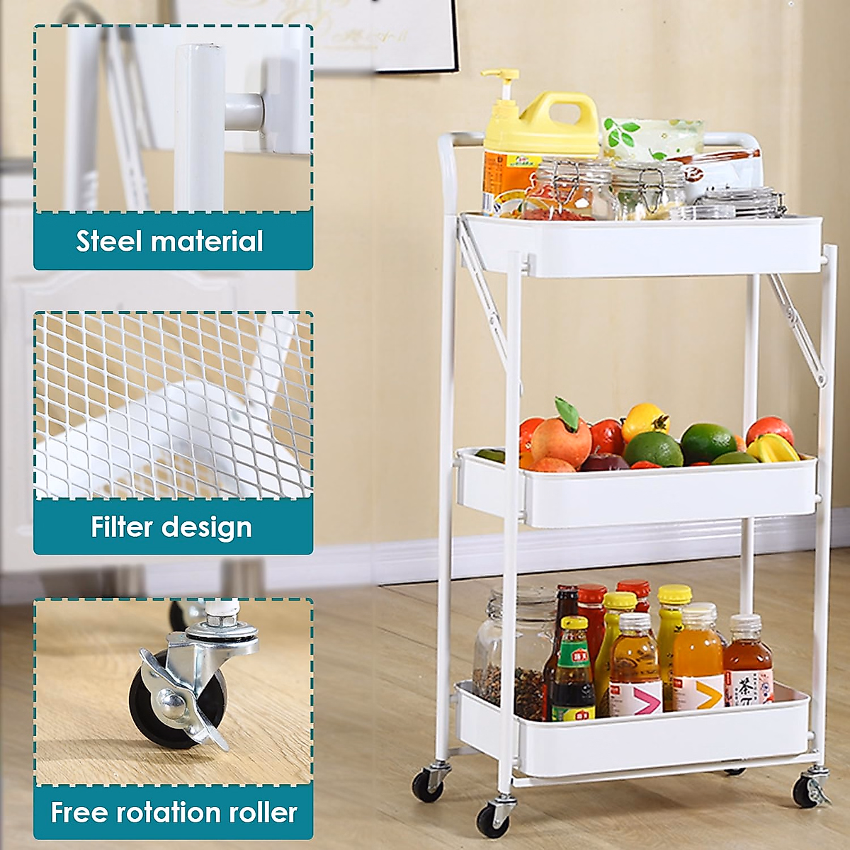 JforSJizT 3-Tier Collapsible Rolling Utility Cart with Lockable Wheels,Metal Storage Folding Rolling Cart with Storage Compartments,Tool Organizer Cart for Classroom, Office, Bathroom, Garage, Kitchen