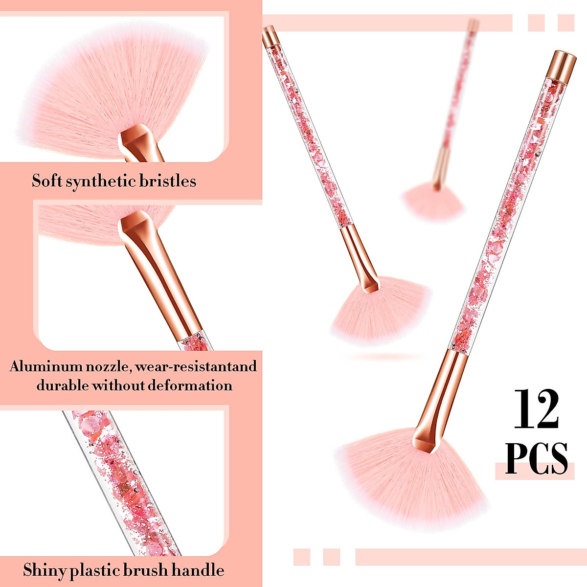 12 Pcs Fan Brushes for Facial Mask Brushes with Glitter Quicksand Handle Cosmetic Facial Fan Brushes Soft Facial Mask Brush Applicator Facial Peel Applicator Face Mask Tools with Pouch (Pink)