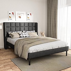 Sismplly Full Size Platform Bed Frame with Upholstered Wingback Headboard, Wooden Slats Support, No Box Spring Needed, Easy Assembly, Dark Grey