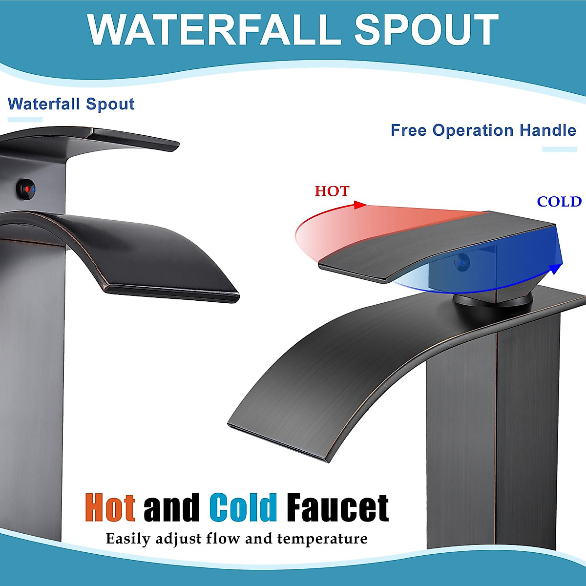 Midanya Bathroom Sink Faucet Waterfall Spout Single Handle 1 Hole Deck Mount Mixer Tap Lavatory Vanity Vessel Faucet Commercial with Pop Up Drain,Tall, Oil Rubbed Bronze