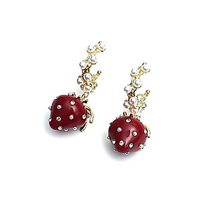 JOYA GIFT 3D Red Strawberry Earrings C Gold Pearl Red Strawberry Earrings Fruit Fashion Drop Dangle Earrings for Women