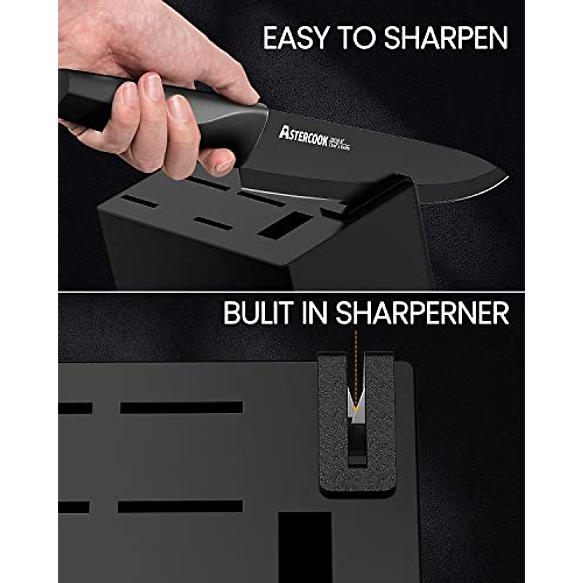 Astercook Knife Set, Kitchen Knife Set with Built-in Sharpener Block, Dishwasher Safe, 15 Pieces German Stainless Steel Knife Block Set, Black