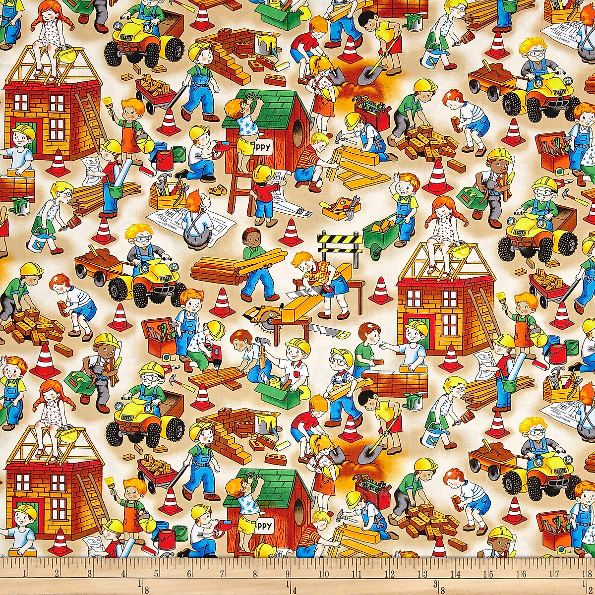 Building 101 Tiny Builders Ecru, Quilting Fabric by the Yard