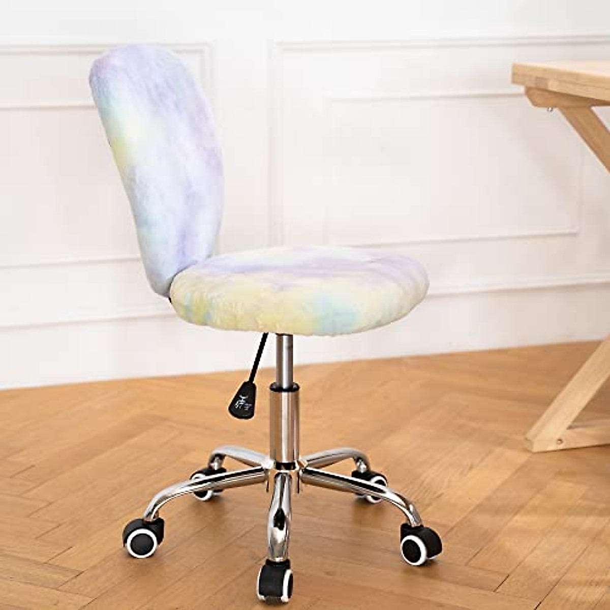 wangji Fuzzy Desk Chair, Comfy Armless Furry Fur Chair with Swivel, Pastel Rainbow Yellow & Blue