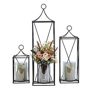 Set of 3 Tall Metal Lanterns 24’’ & 19’’ & 13’’ Elegant Decorative Lantern with Pillar Candle Holder, Garden Porch Night Indoor/Outdoor for Wedding Décor, Party, Christmas (Black)