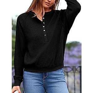 PRETTYGARDEN Fall Casual Sweatshirt for Women v Neck Long Sleeve Jumper Loose Knit Henley Top Button Slouchy Pullover Oversized Crop Sweater (Black, X-Large)