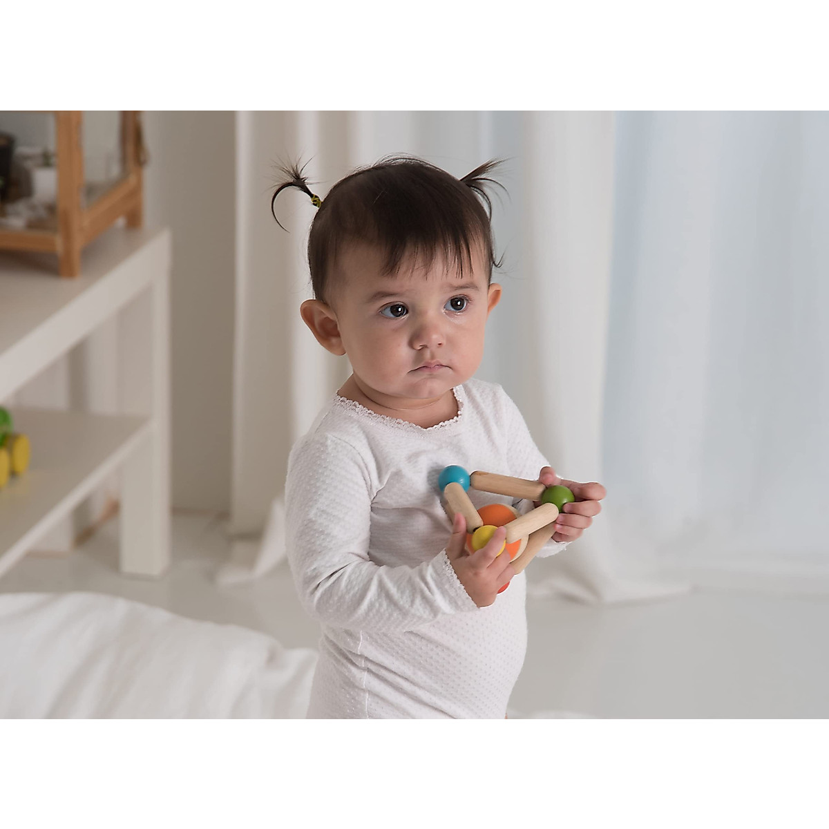 PlanToys Wooden Clutching Triangle Baby Toy with Gentle Sound in Two-Toned Ball (5244) | Sustainably Made from Rubberwood and Non-Toxic Paints and Dyes