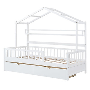 Harper & Bright Designs Twin House Bed with 2 Storage Drawers, Kids Twin Platform Bed Frame with Storage Shelves, Fence and Roof, Tent Bed, Wood Playhouse Bed Twin for Kids Teens Girls & Boys (White)