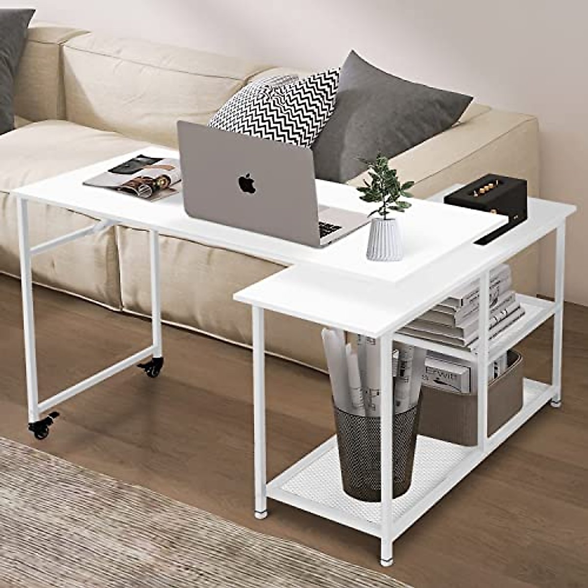 LTMEUTY 360°Free Rotating Desk - Modern Home 0ffice Desk, Reversible Computer Desk Study Writing Table Workstation, L-Shaped Corner Desk with Storage Shelves, Sofa Side Table, White