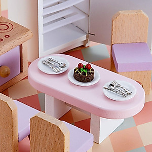 Skylety 4 Pieces 1:12 Scale Miniature Dollhouse Plates and 12 Pieces Spoons Knives Forks Metal Tableware Kitchen Accessories Miniatures Porcelain Plate Set Dollhouse Decoration