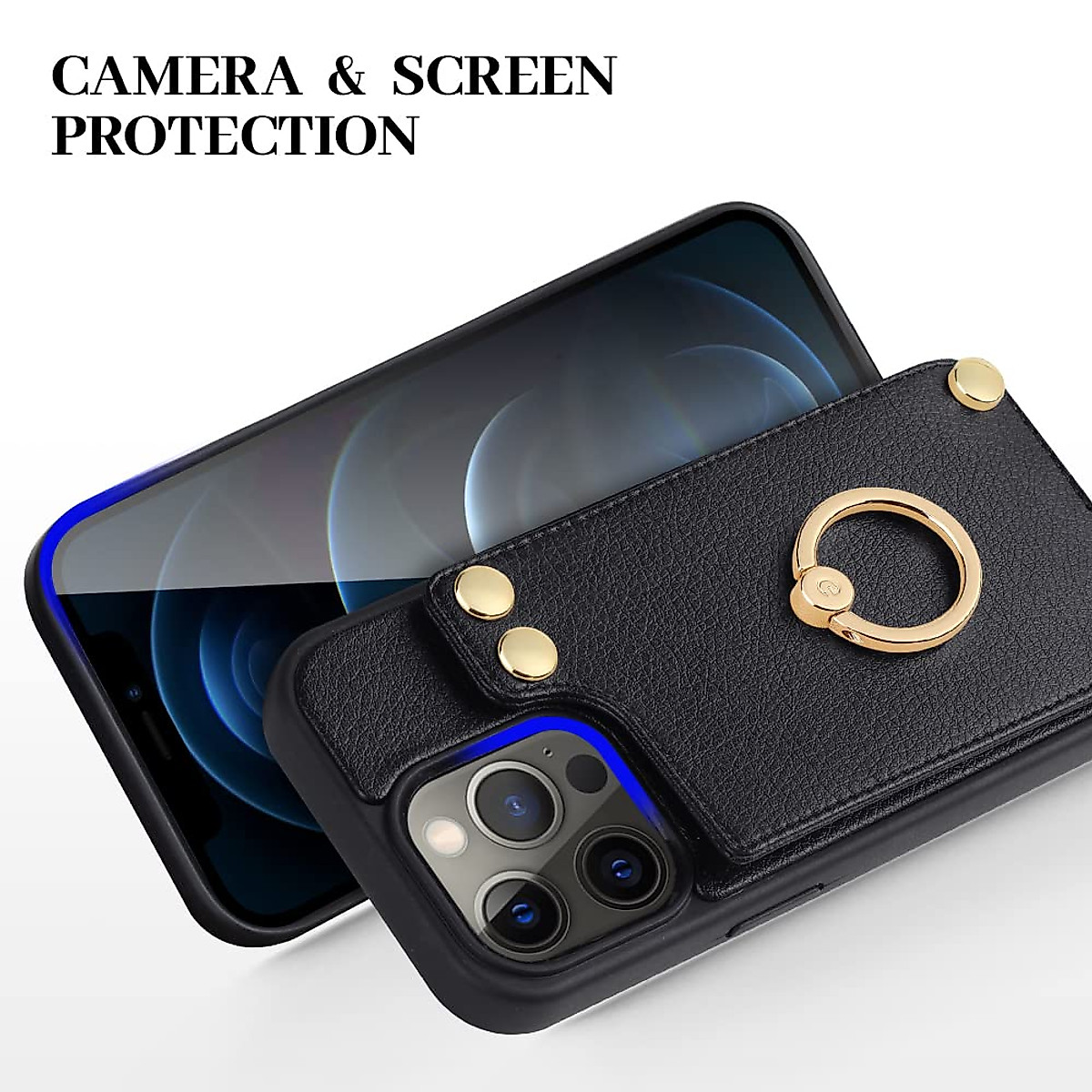 LAMEEKU for iPhone 12 Pro Max Wallet Case, Case with Card Holder Leather Cover 360°Rotation Ring Kickstand Protective Bumper Designed for Women Men for iPhone 12 Pro Max 6.7'' Black