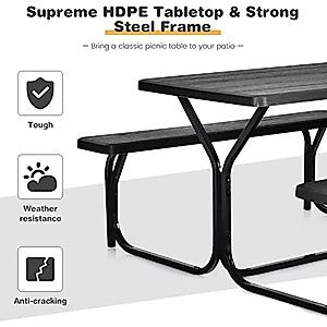 Tangkula Picnic Table Bench Set, Outdoor Picnic Table with 2 Benches, Metal Camping Table with Plastic Wood-Like Texture Tabletop & Steel Frame, Ideal for Picnic, Party, Garden, Lawn (Black)