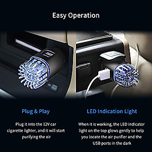 4WDKING Car Air Purifier Ionizer, 12V Plug-in Car Air Freshener Gadgets with Dual USB Charger Removes Cigarette Smoke, Pet and Food Odor, Ionic Ozone (Black)