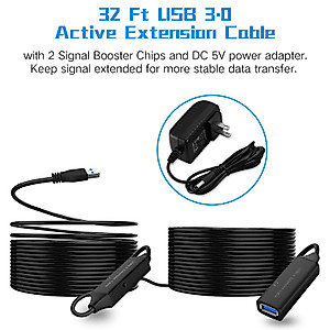 RSHTECH USB 3.0 Active Extension Cable 32 Feet with 5V 2A Power Adapter, USB 3.0 Extender Male to Female Cord with Built-in Signal Booster Chips for Xbox, PS4, USB Printer, Mouse, Keyboard, etc