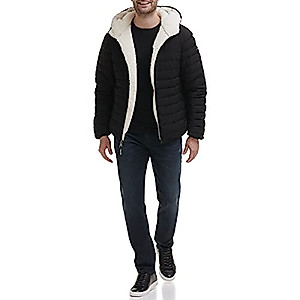 Calvin Klein Men's Hooded Down Jacket Quilted Coat Sherpa Lined, Ebony, Small