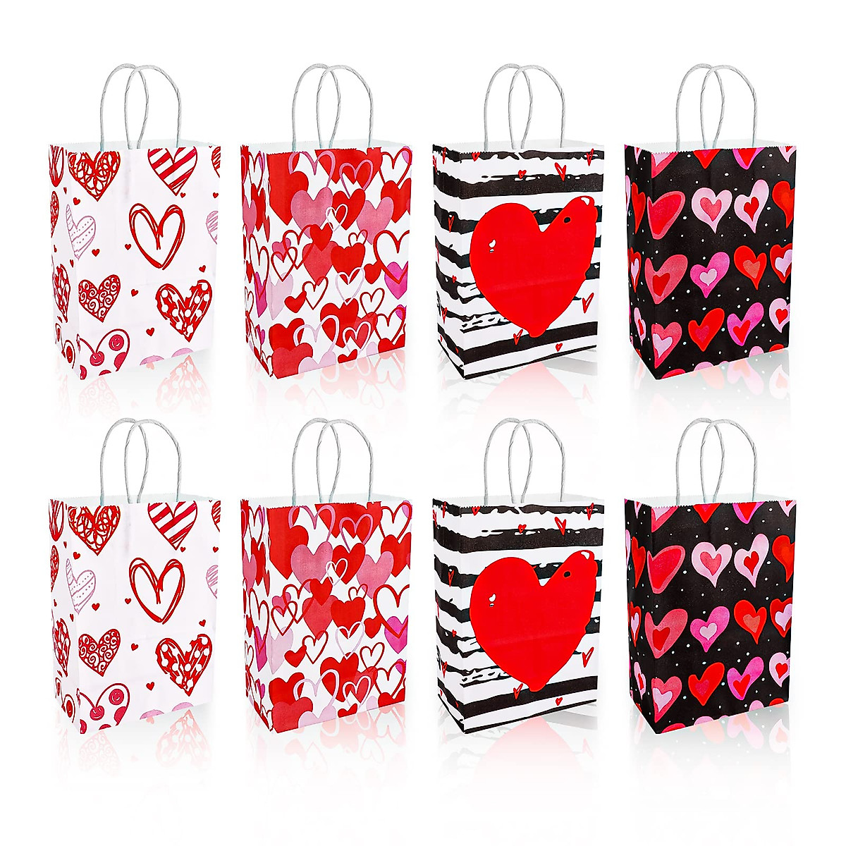 Abeillo 8Pcs Valentines Day Decorations Gift Bags with Handles, Medium Paper Gift Bags Red Love Heart Present Bags for Valentine's Day, Wedding, Sweetest Day, Kids Party Favor Goody Bags