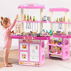TEMI 2-in-1 Kitchen & Grill Playset for Kids - With 60-Piece Accessories, Sounds & Lights | Pretend Play Kitchen Set for 3+ Year Old Girls & Boys