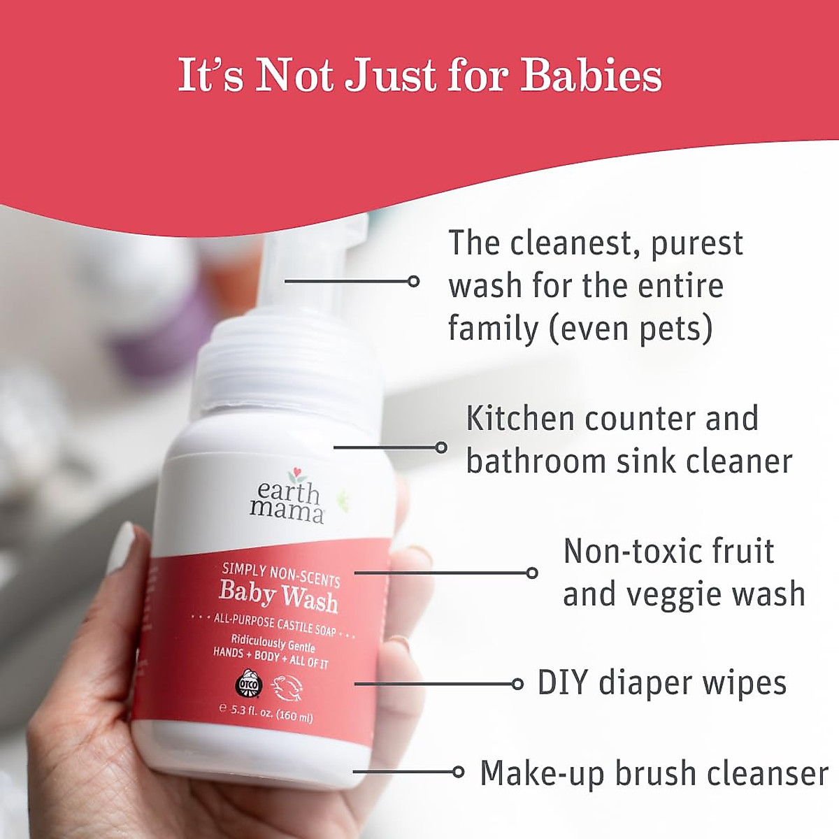 Earth Mama Simply Non-Scents Baby Wash Foaming Hand Soap, Organic Fragrance Free Body Wash, Unscented Body Wash, Castile Soap with Coconut Oil, Shea Butter, Calendula, & Aloe, 34floz