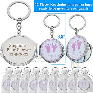 12 PCS Personalized Baby Shower Pink Girl Mirror Keychain Favors with Baby Footprint Design Custom Engraving Gift