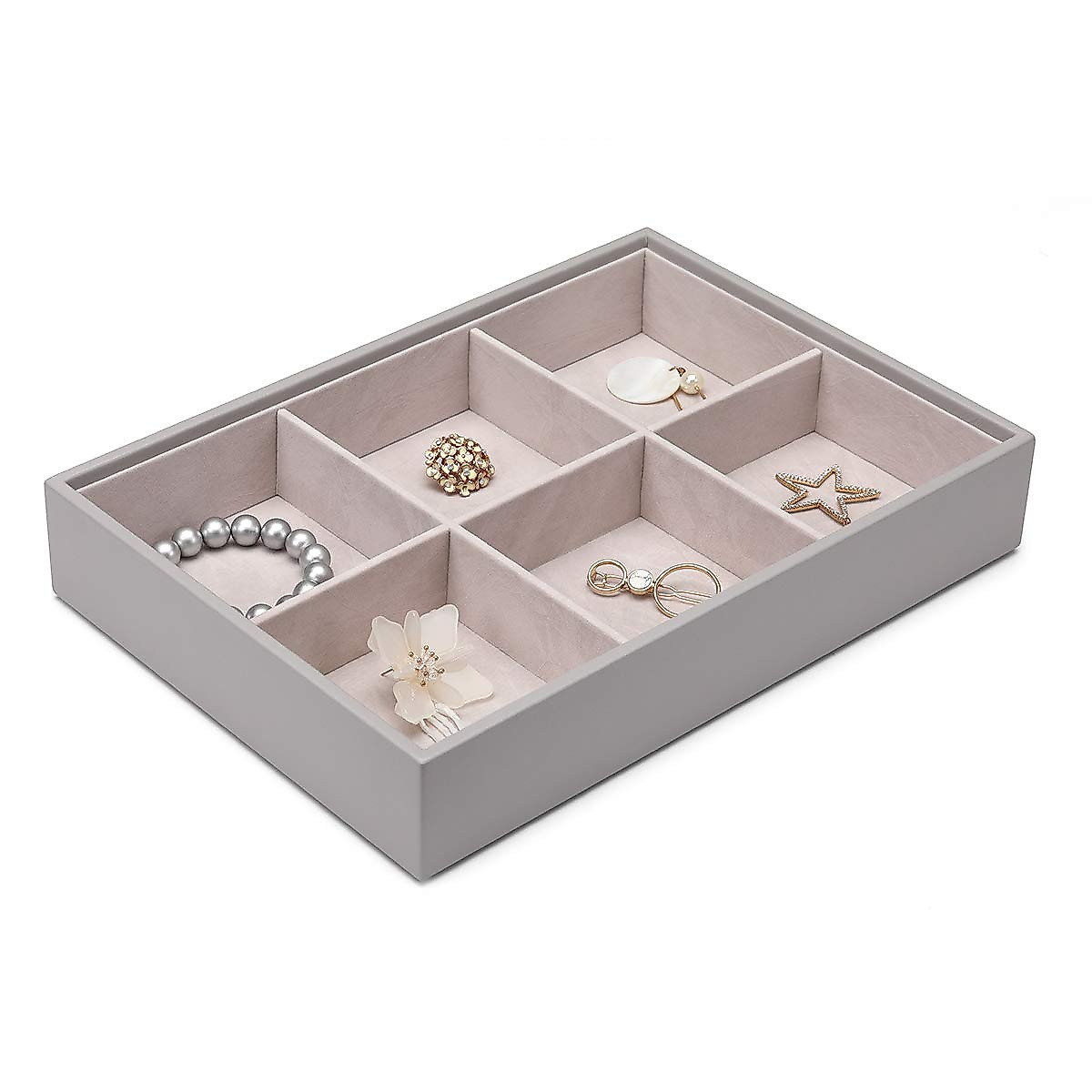 Vlando Jewelry Tray - Faux Leather Glass-top Jewelry Storage Organizer - Earring Necklace Bracelet Ring Display Desktop Drawer Chest, 4-Layer w/Clear Lid, Grey