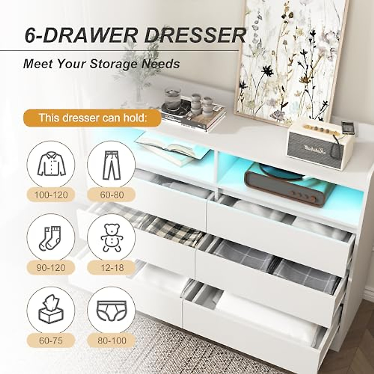 CIPACHO White Dresser for Bedroom,Modern 6 Drawer Dresser with LED Light and Open Shelf,Wide Storage Chest of Drawers,Bedroom Storage Furniture