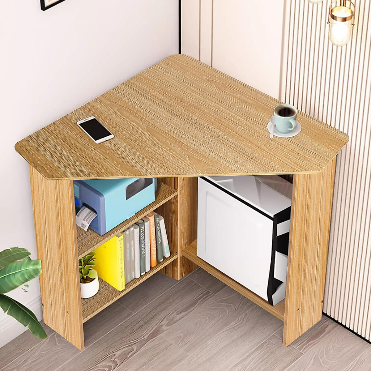 HEVIRGO Corner Desk,90 Degrees Triangle Computer Desk,Bedroom Makeup Vanity Desk,Desk with Drawers and Open Shelves,Small Space Industrial Desk for Home Office,Workstation,Living Room Light Brown