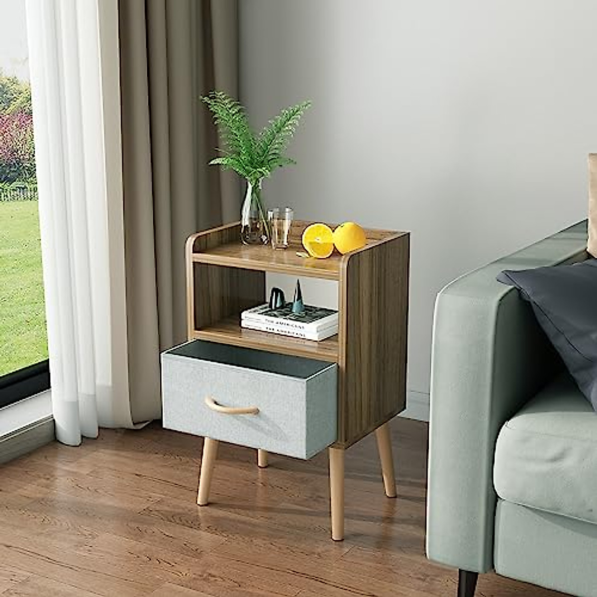 LUCKNOCK NightStand with Fabric Drawer, Bedside Table with Solid Wood Legs, Minimalist and Practical End Side Table with Open Storage Shelf for Bedroom,Walnut.
