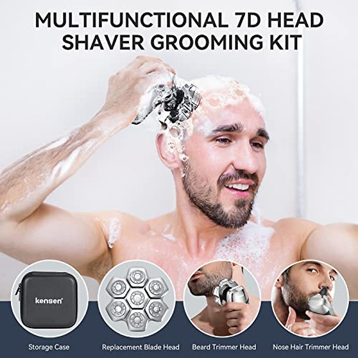 Head Shaver 7D, kensen 6-in-1 Upgrade Head Shavers for Bald Men, Detachable Electric Razor with Beard Nose Hair Trimmer, Waterproof Wet/Dry Mens Grooming Kit, LED Display, USB Rechargeable, Gift Trave