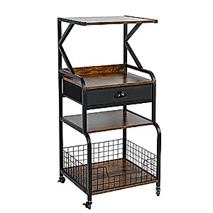 Zuyachuza 4 Tier Mobile Printer Stand with Drawer, 4-Shelf Printer Table with Wheels and Storage, Printer Cart with Storage Shelves for Home Office