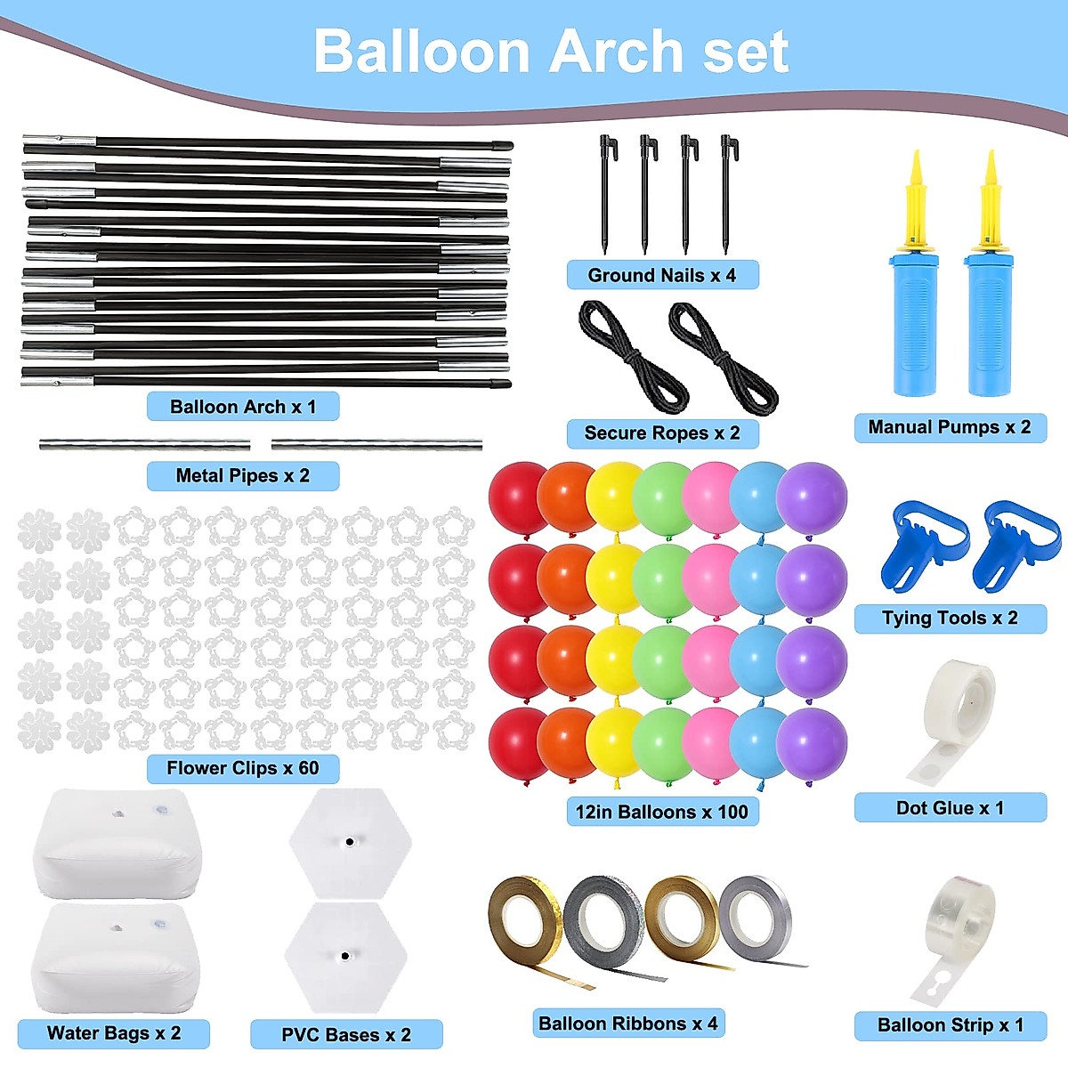 RUBFAC Balloon Arch Stand Kit with 100pcs Rainbow Balloons 2 Pumps 10Ft Wide Adjustable Balloon Arch with Water Bases 60 Balloon Clips for Wedding Graduation Decoration Birthday Party Supplies
