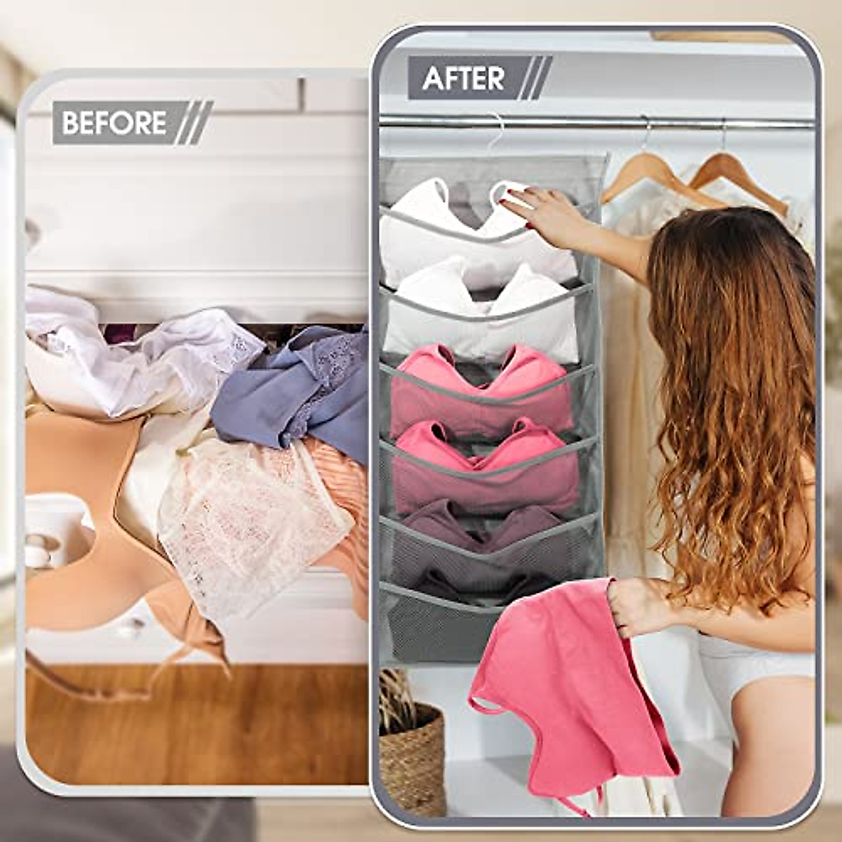 Tatuo 10 Pcs Large Hanging Socks Bra Underwear Organizer with Rotating Metal Hanger Dual Sided Closet Hanging Bra Organizer Space Saver Wall Shelf Wardrobe Mesh Pockets Hanging Storage Bag, Grey