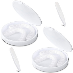 Tondiamo Fake Teeth 2 Pairs Magic Teeth Brace Cover False Teeth Veneers Beautiful Smile Dentures Veneers Fake White Teeth with 2 Pieces Mini Tweezers for Men Women Bad Teeth Whitening Alternative