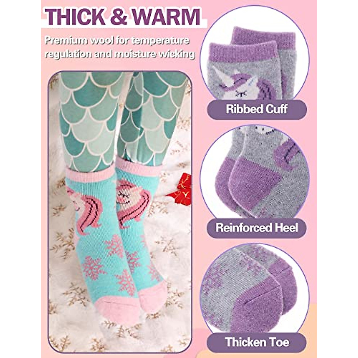 Anlisim Kids Wool Hiking Socks Toddlers Boys Girls Warm Winter Thermal Thick Heavy Crew Boot Cozy Child Gift Cabin Socks Stocking Stuffers 6 Pack(Unicorn C,8-12 Y)