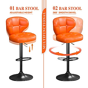 Modern Bar Stool Set of 2 Swivel Kitchen Stool Height Adjustable Padded Seat with Backrest Metal Frame Anti-Slip Base Ideal for Home Restaurant Bar (Orange)