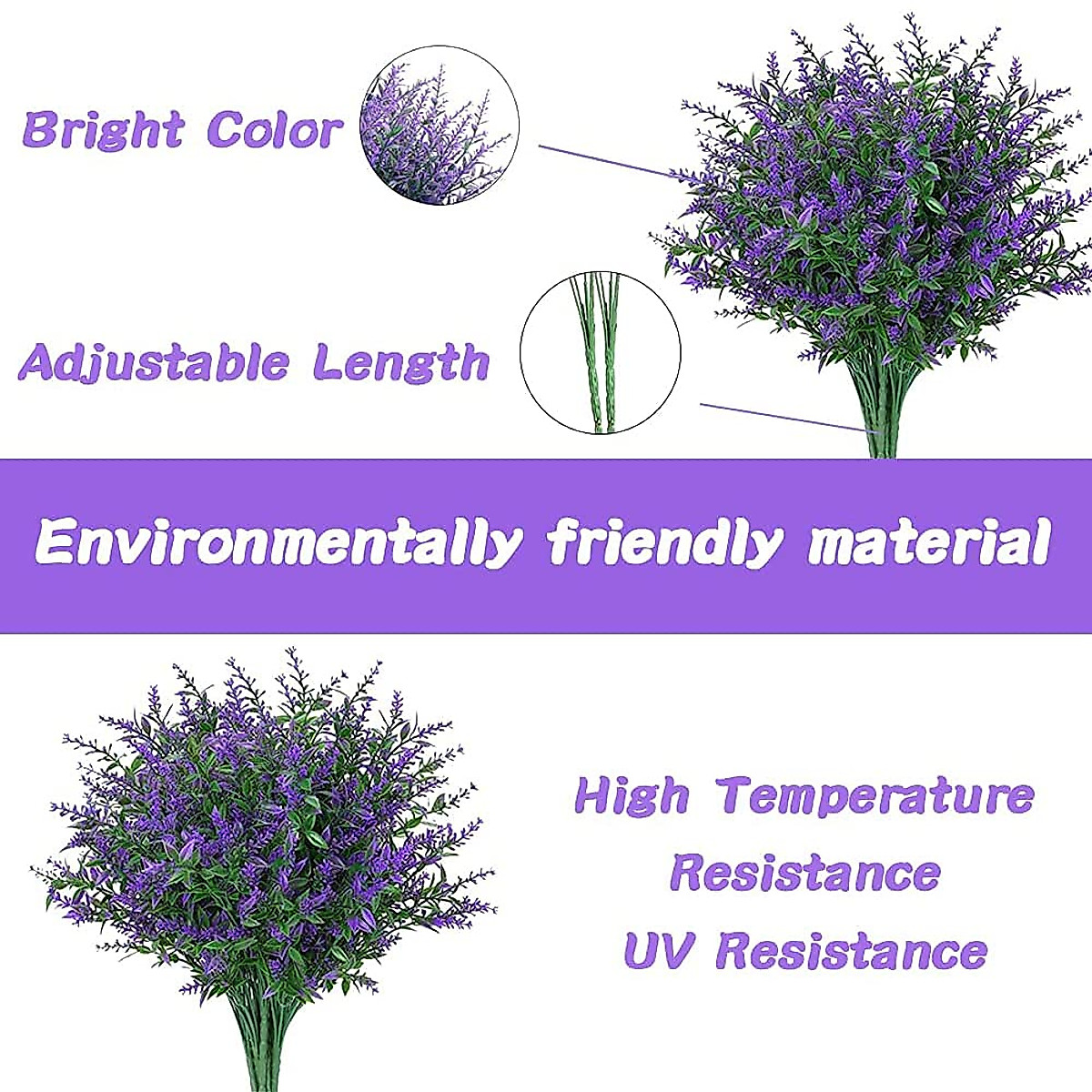 8 Bundles Outdoor Artificial Lavender Fake Flowers UV Resistant Plastic Plant, No Fade Faux Flower Plastic Greenery Shrubs Plants for Indoor Outside Porch Home Garden Window Box Decorating