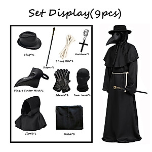 Akokvlar Adult Unisex 9PCS Plague Doctor Costume with Mask Gloves Hat Necalace Scepter (Black, X-Large)