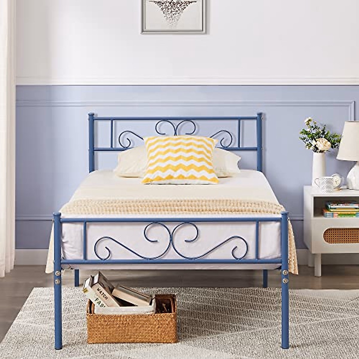 VECELO Twin Size Bed Frame with Headboard, 14 Inch Metal Platform Mattress Foundation, No Boxing Spring Needed, Squeak Resistant, Easy Assembly, Sky Blue