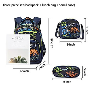 Wawakube 3Pcs Boys Dinosaur Backpack Set with Lunch Box Pencil Case, School Book Bag for Kids Elementary Preschool