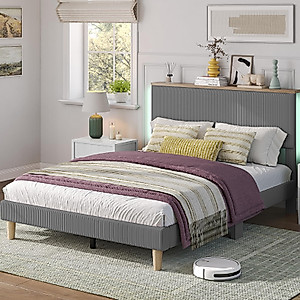 Bestier Queen Size Bed Frame with Headboard, Corduroy Upholstered Adjustable Platform Bed with Storage Shelf, Bedside LED Bed Frame, Solid Wood Slats Support, No Box Spring, No Squeaks(Grey)