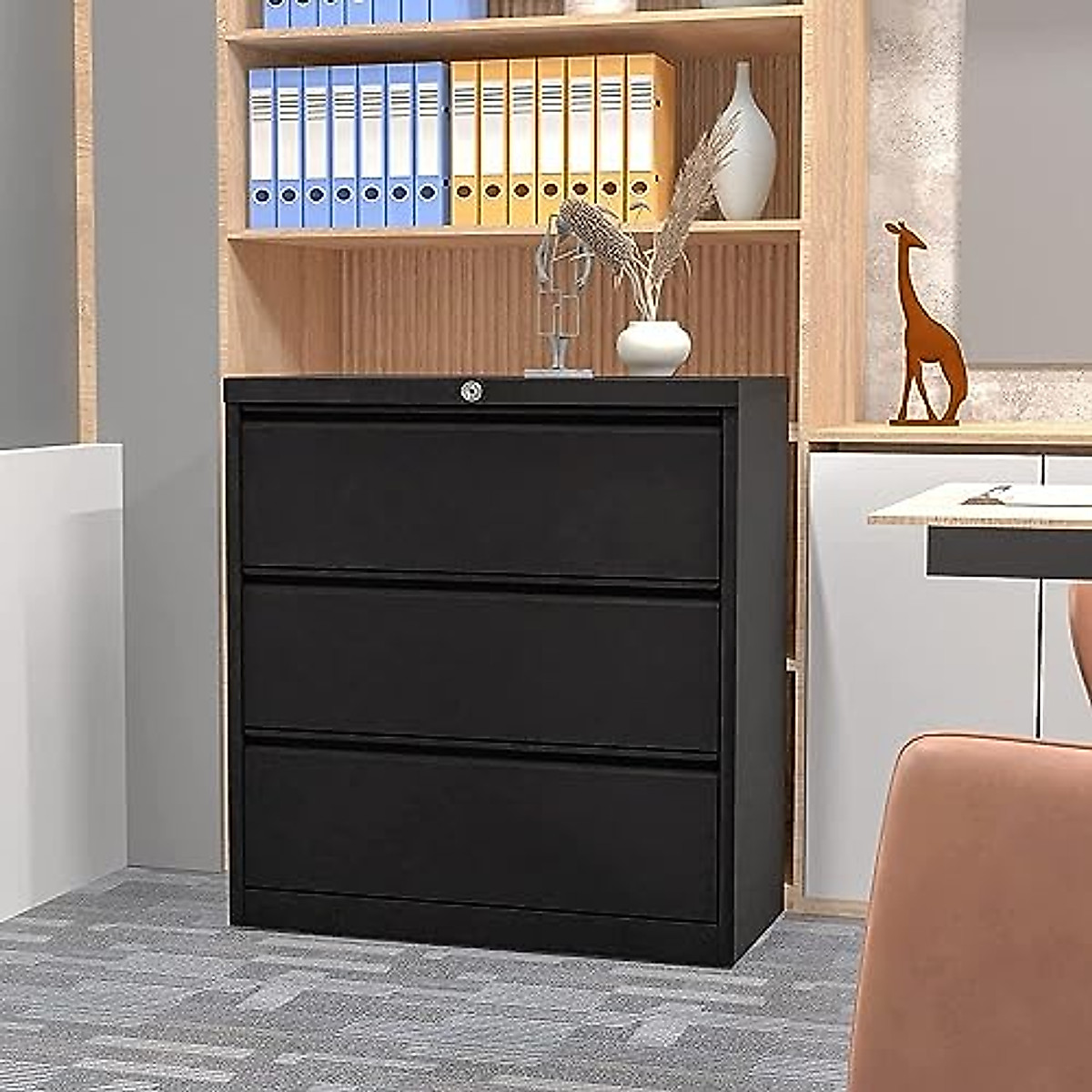 GangMei 3 Drawer Lateral File Cabinet, Metal Lateral File Cabinets with Lock, Legal Size Steel Lateral Filing Cabinet for Office and Home