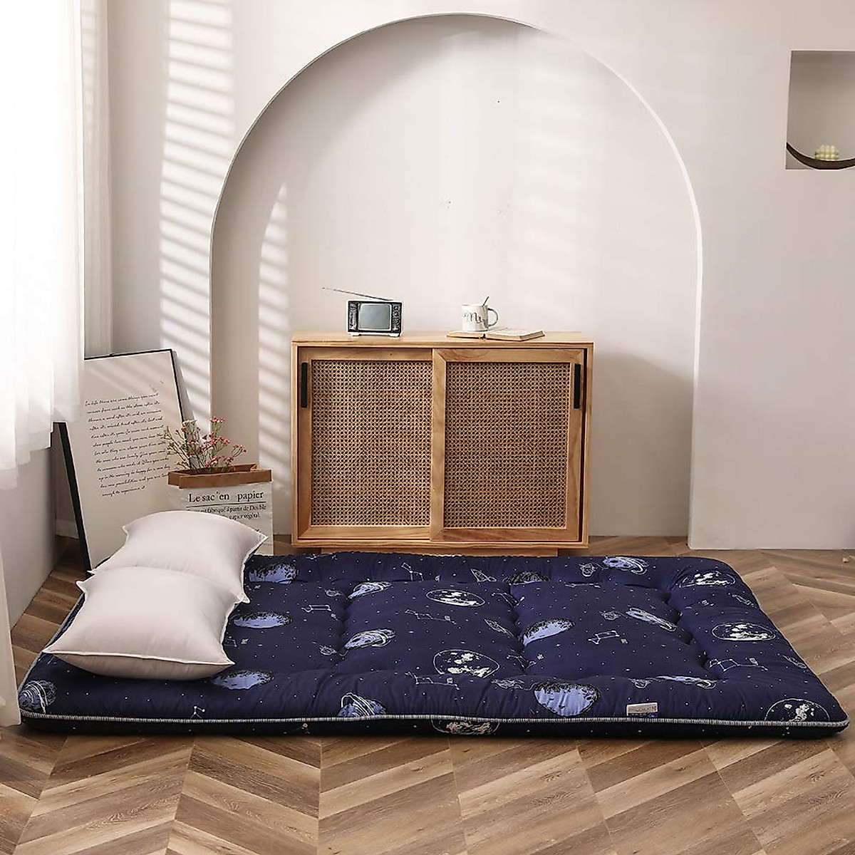 Navy Space Adventure Japanese Floor Futon Mattress, Thicken Tatami Mat Sleeping Pad Foldable Bed Roll Up Mattress Floor Lounger Bed Couches and Sofas for Kids Queen Size