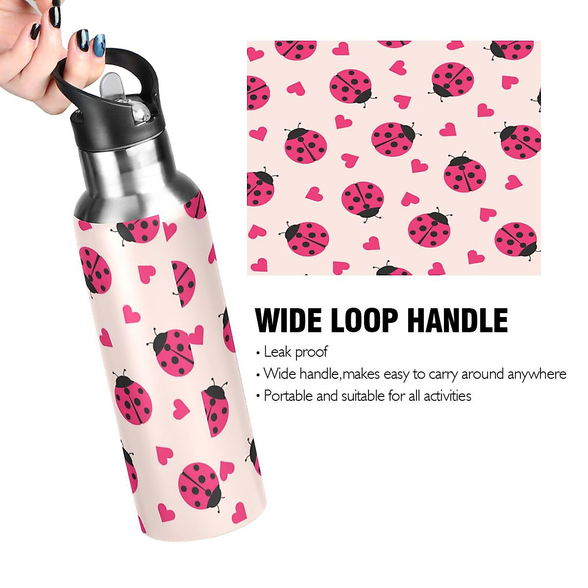 KEEPREAL Cute Ladybug Water Bottle with Straw, 22 OZ Sports Water Bottle BPA Free Stainless Steel Water Jugs for Gym, Travel, Working, Outdoor