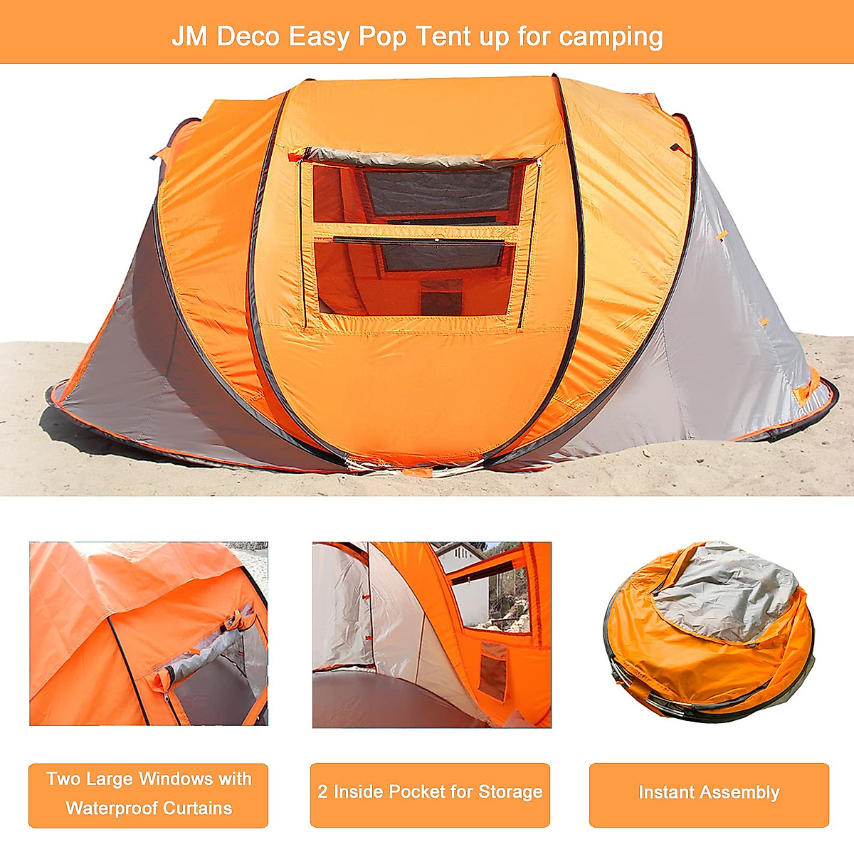 J.M.Deco 3-4 Person Pop Up Tents for Camping with 2 Windows, Backyard Sunny Beach Instant Popup Tent for Family, Hiking Camping Tents 4 People for Backpacking, Easy Setup Tent 110''x70''x50'',Orange